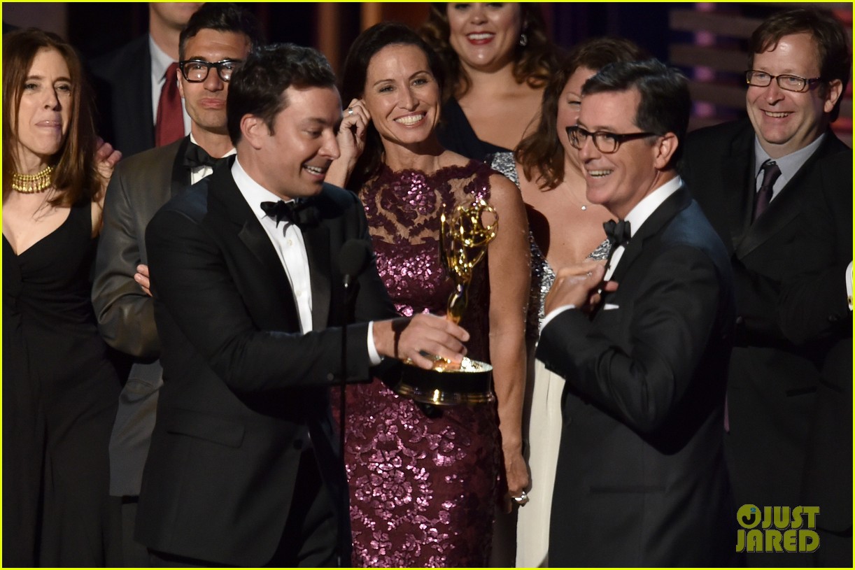 Jimmy Fallon Storms the Stage to Accept Stephen Colbert's Win at Emmys ...