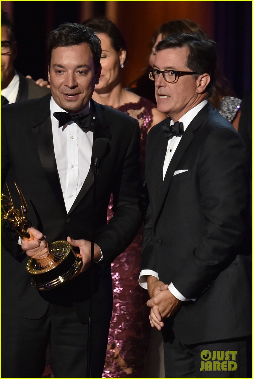 Jimmy Fallon Storms the Stage to Accept Stephen Colbert's Win at Emmys ...