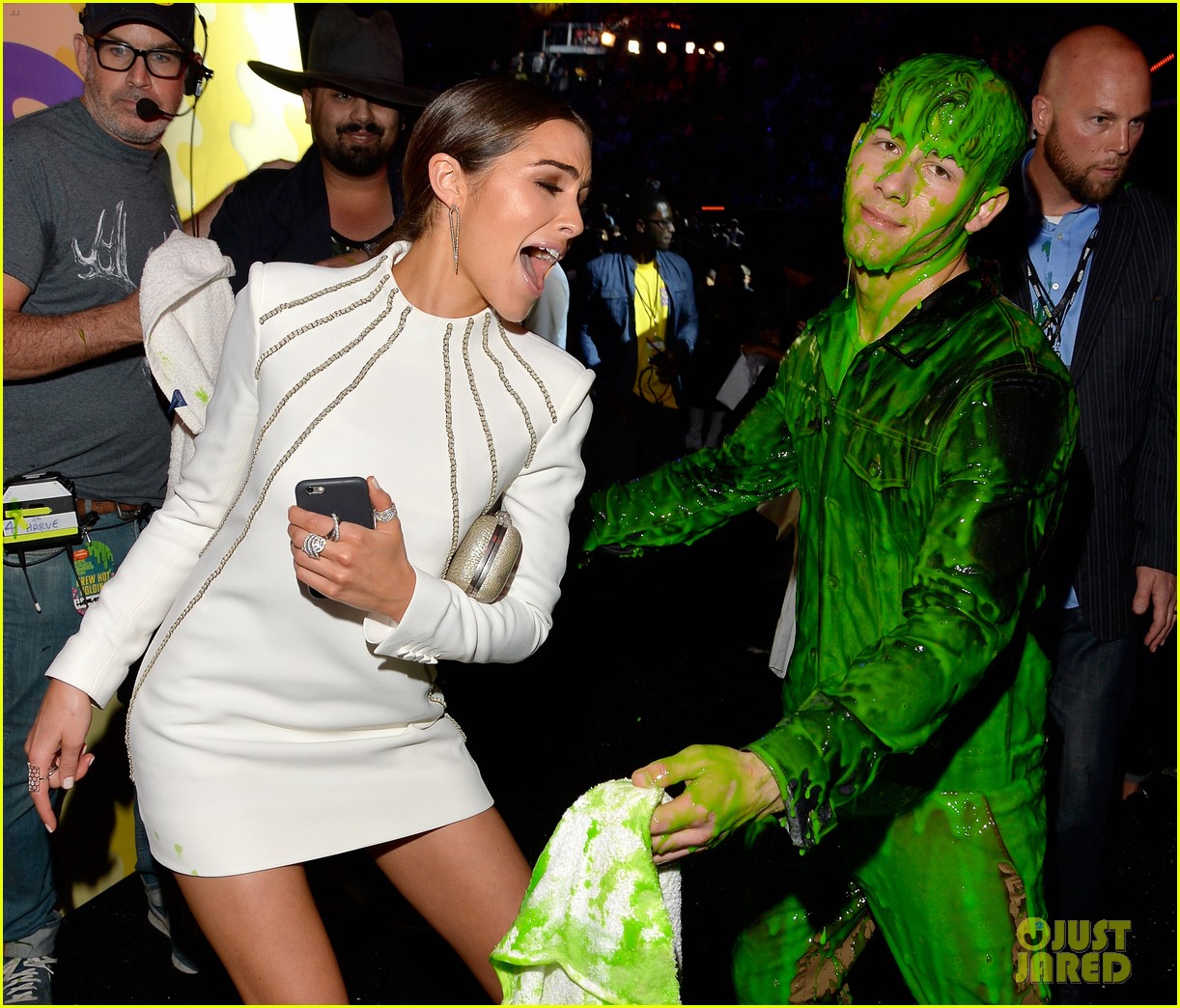 Nick Jonas Gets Slimed & Attempts to Hug Girlfriend Olivia Culpo at ...