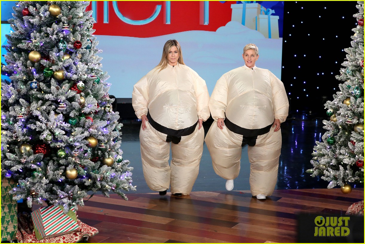 VIDEO: Jennifer Aniston & Ellen DeGeneres Dance in Sumo Suits for Funny ...