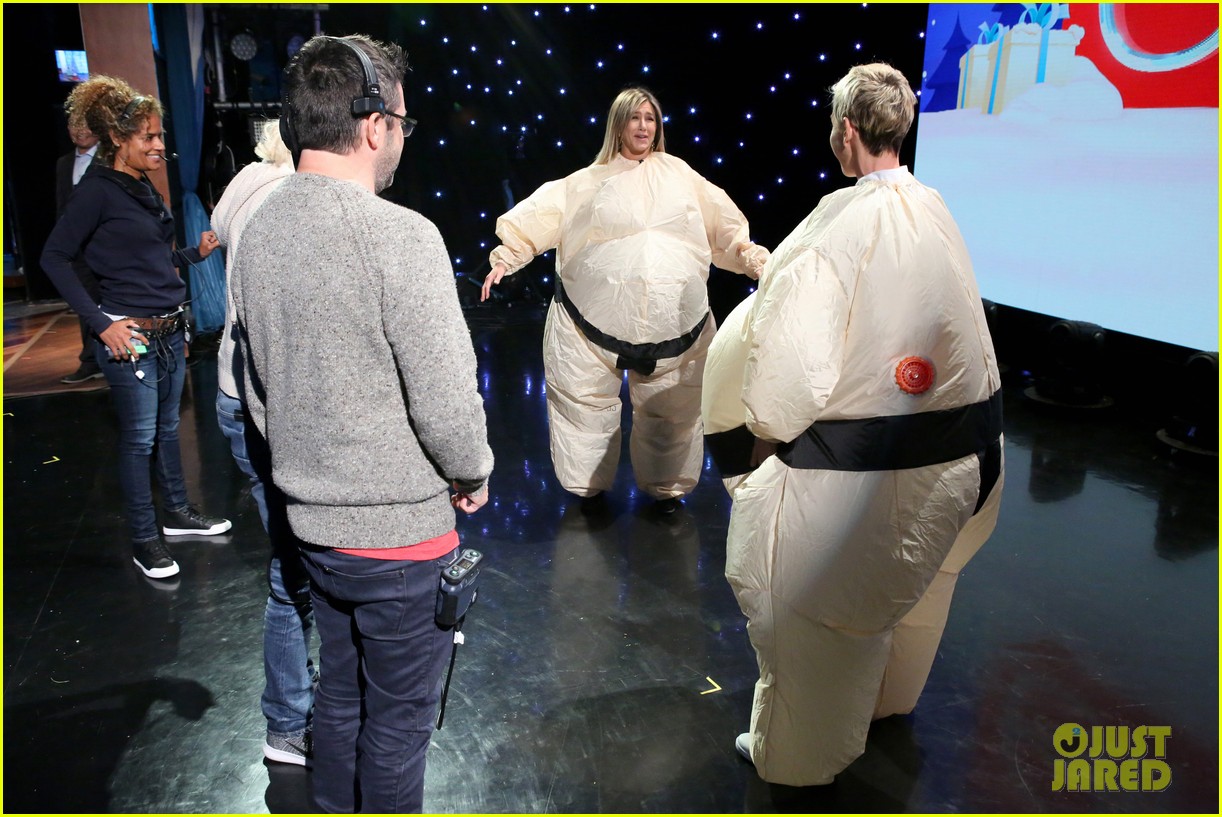 VIDEO: Jennifer Aniston & Ellen DeGeneres Dance in Sumo Suits for Funny ...