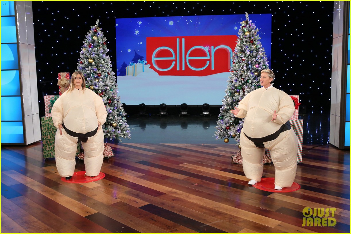 VIDEO: Jennifer Aniston & Ellen DeGeneres Dance in Sumo Suits for Funny ...