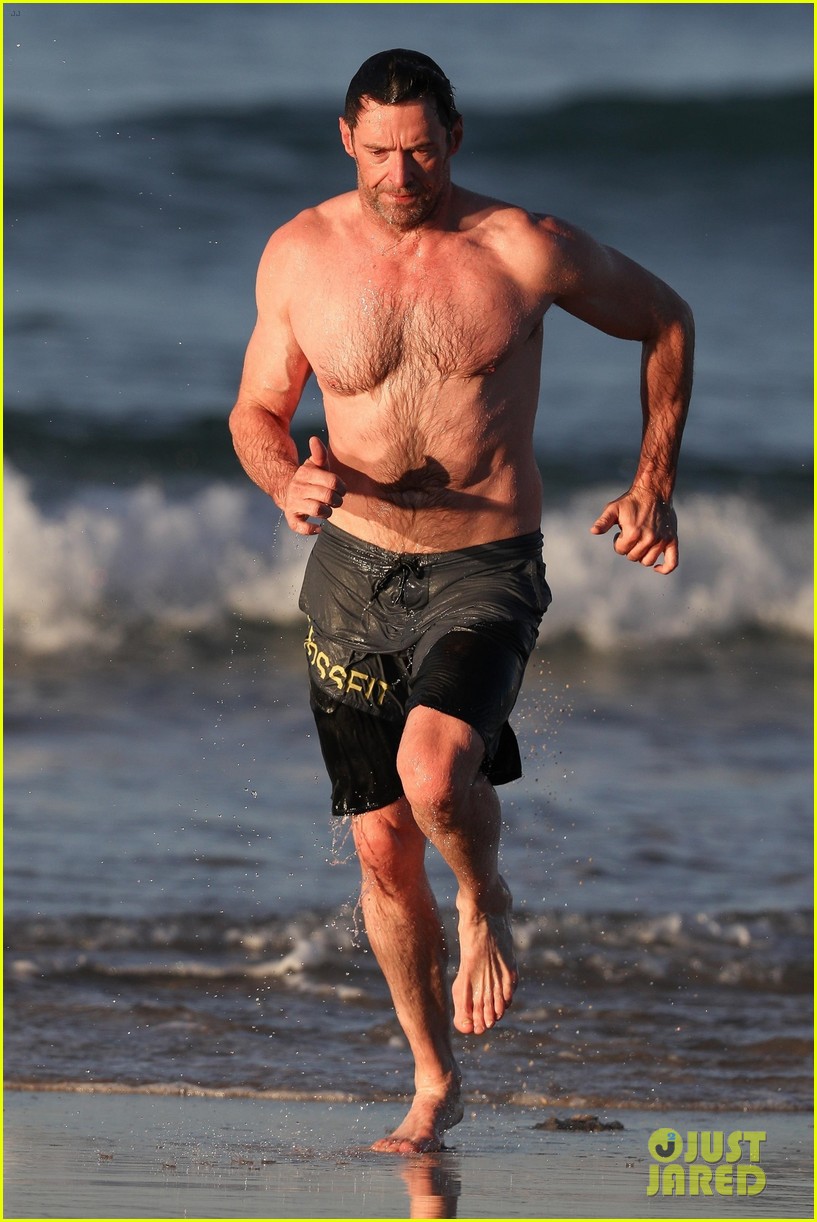 Hugh Jackman Runs Shirtless on the Beach with His Ripped Muscles on ...