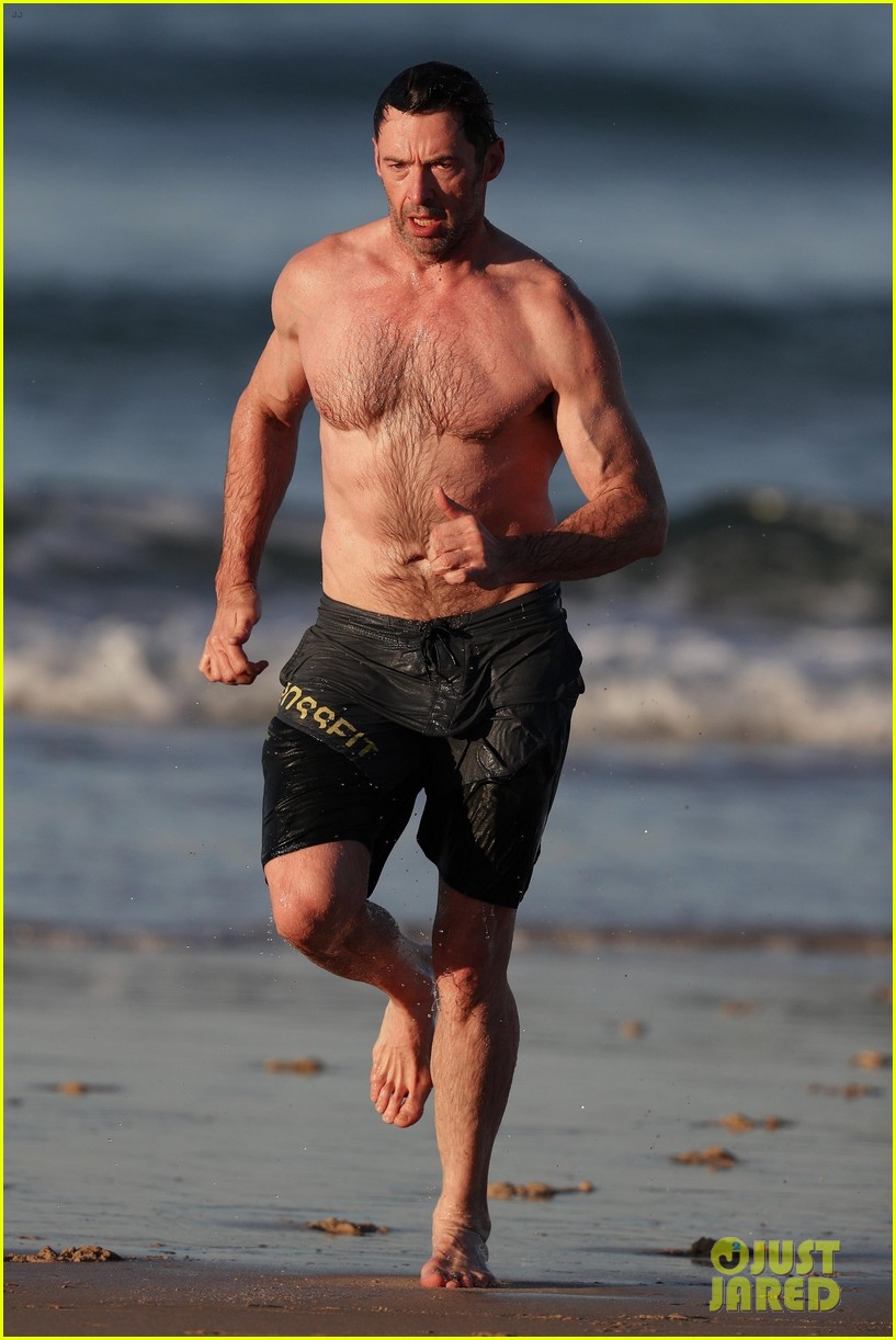 Hugh Jackman Runs Shirtless on the Beach with His Ripped Muscles on ...
