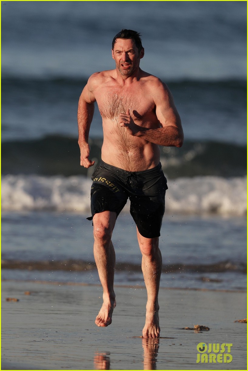 Hugh Jackman Runs Shirtless on the Beach with His Ripped Muscles on ...