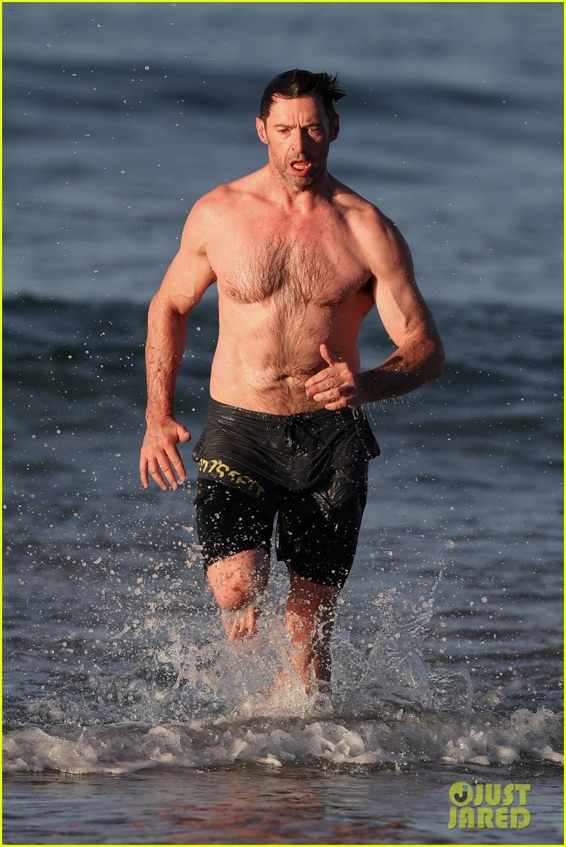 Hugh Jackman Runs Shirtless on the Beach with His Ripped Muscles on ...