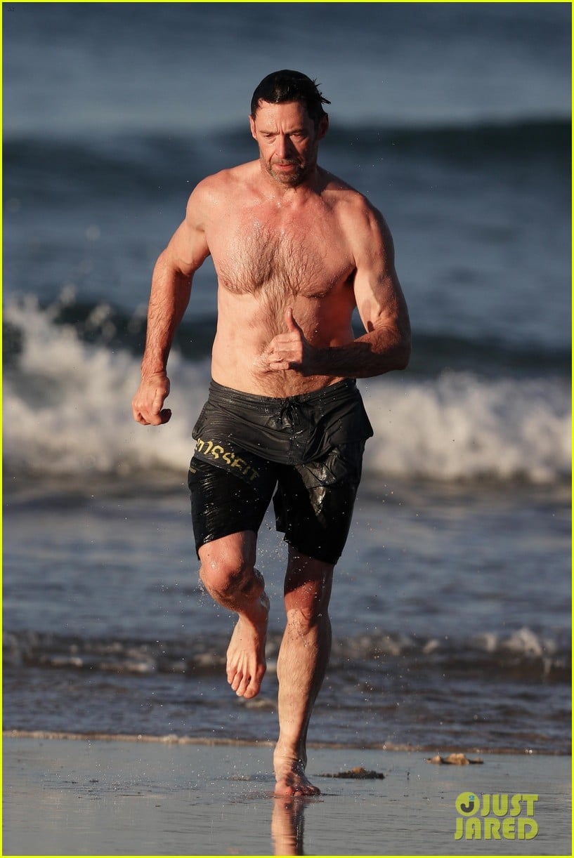 Hugh Jackman Runs Shirtless on the Beach with His Ripped Muscles on ...