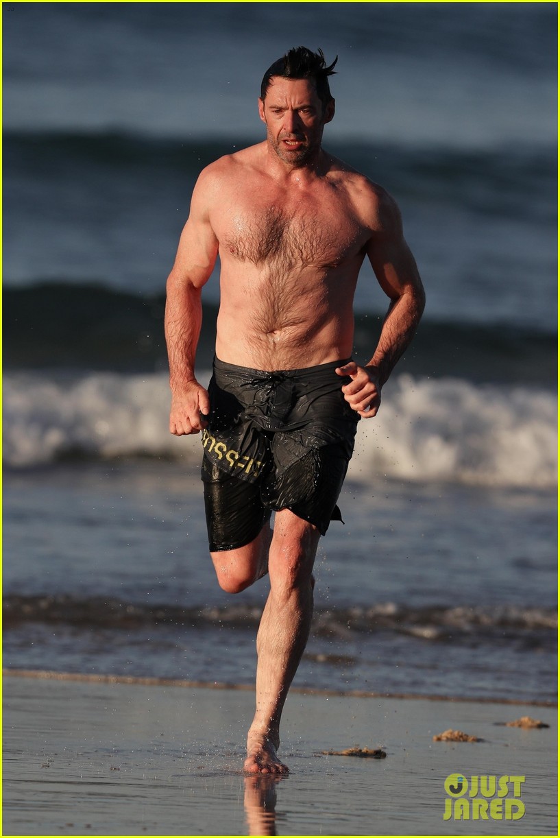 Hugh Jackman Runs Shirtless on the Beach with His Ripped Muscles on ...