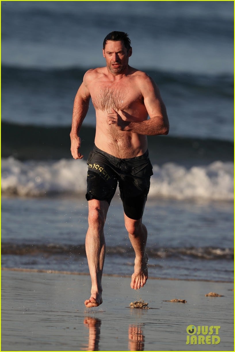 Hugh Jackman Runs Shirtless on the Beach with His Ripped Muscles on ...