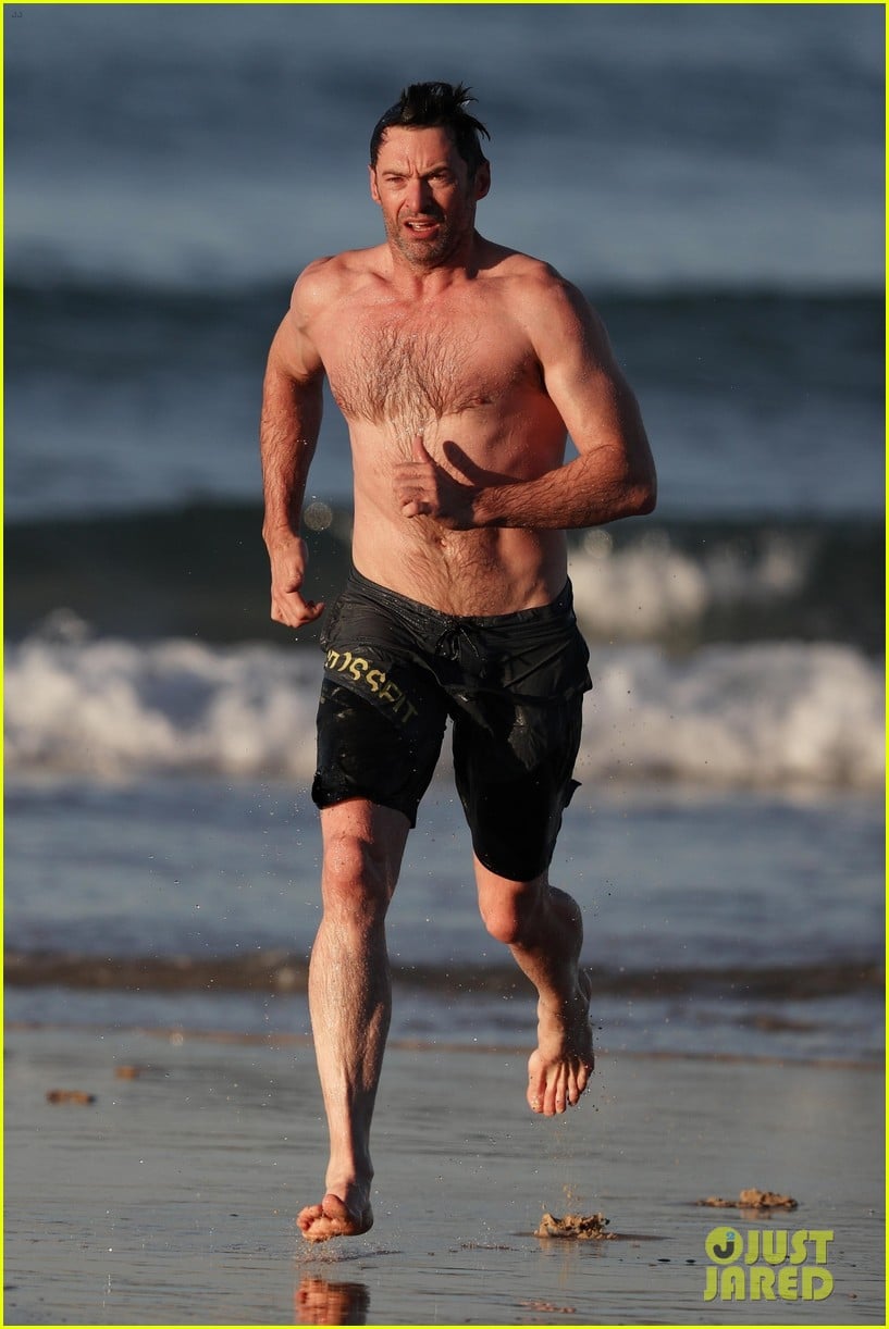 Hugh Jackman Runs Shirtless on the Beach with His Ripped Muscles on ...