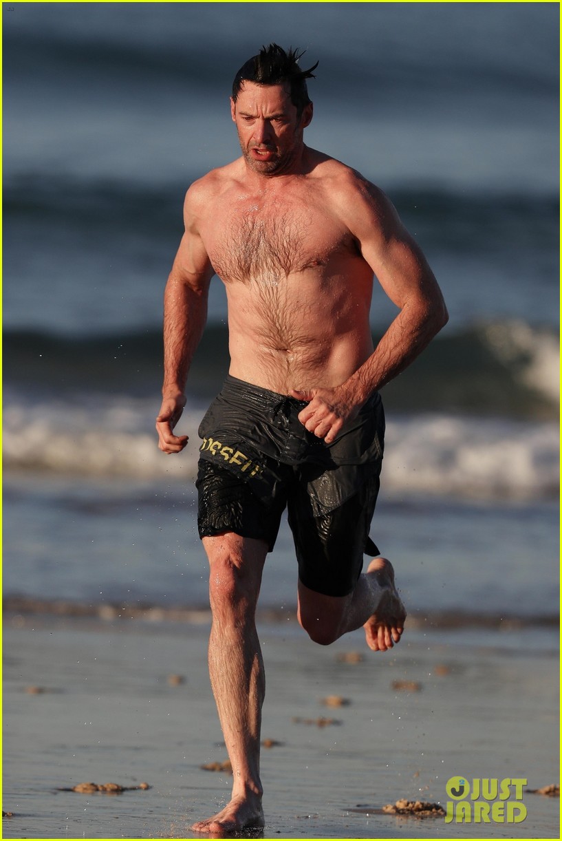 Hugh Jackman Runs Shirtless on the Beach with His Ripped Muscles on ...