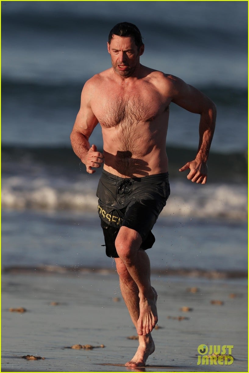 Hugh Jackman Runs Shirtless on the Beach with His Ripped Muscles on ...