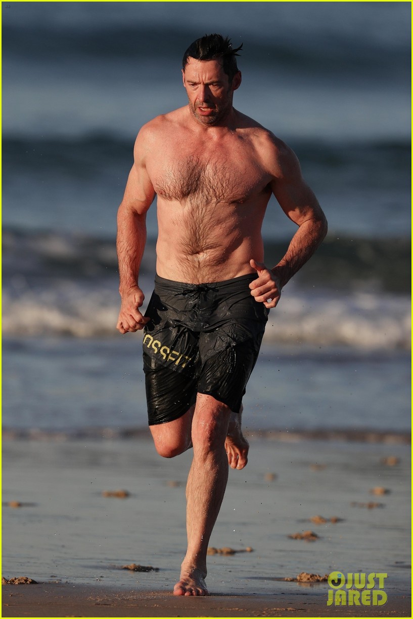 Hugh Jackman Runs Shirtless on the Beach with His Ripped Muscles on ...