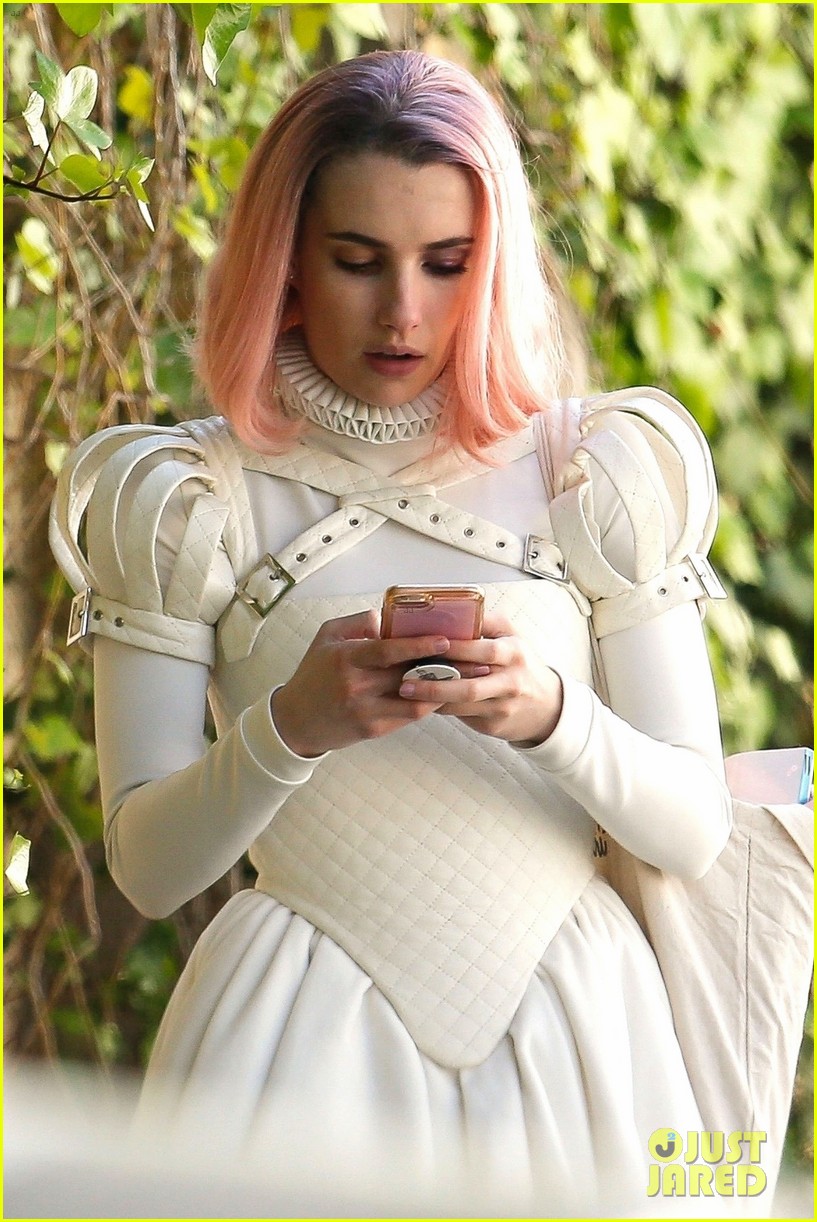 Pink-Haired Emma Roberts Films in Matching Outfits with Eiza Gonzalez ...
