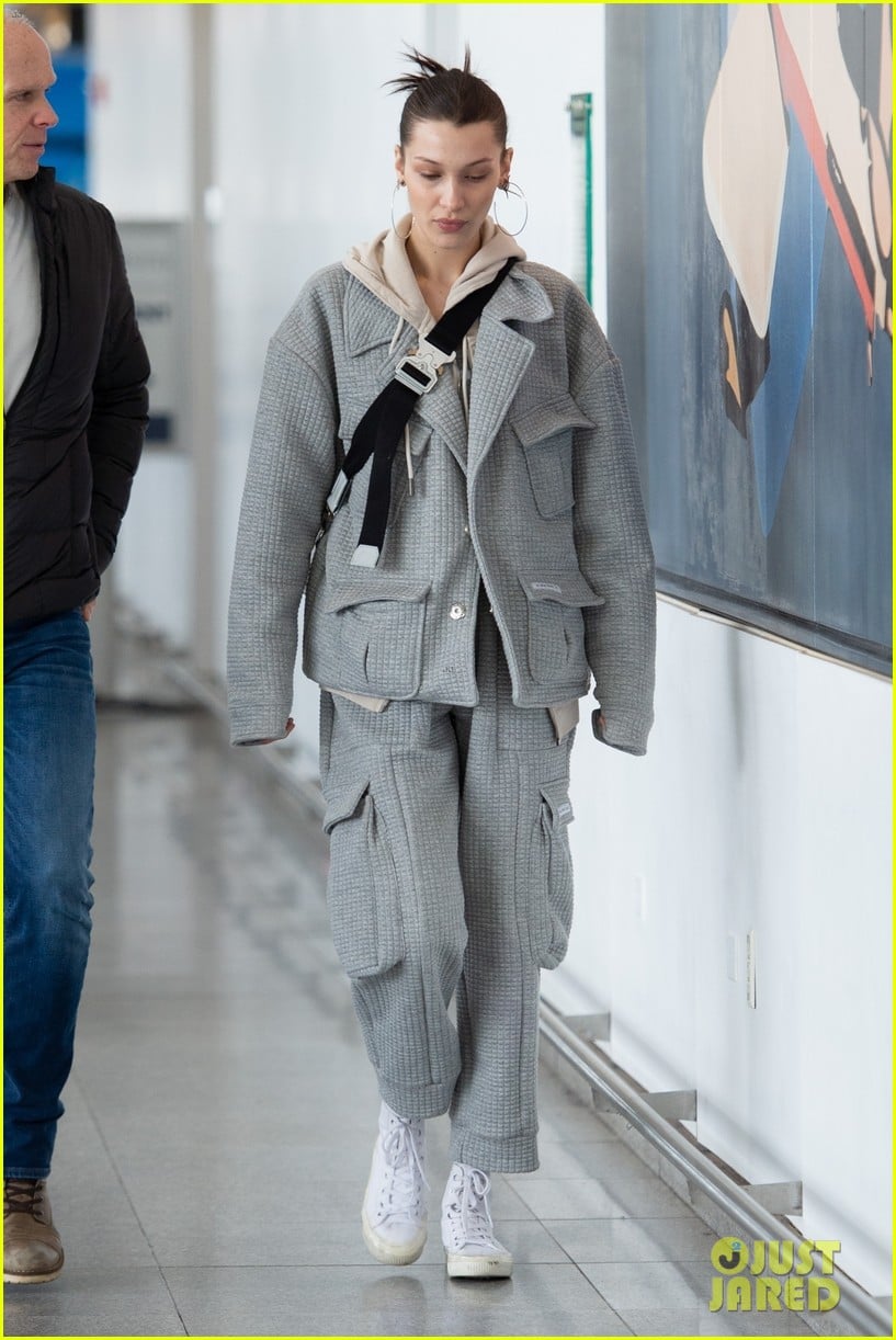 Bella Hadid Bundles Up in Comfy Grey Suit While Landing in NYC: Photo ...
