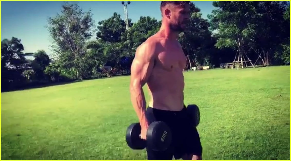 Chris Hemsworth Goes Shirtless After His Shirt 'Burst Into Flames' from ...