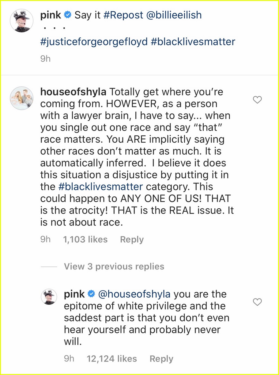 Pink Posts in Support of Black Lives Matter & Hits Back at Negative ...