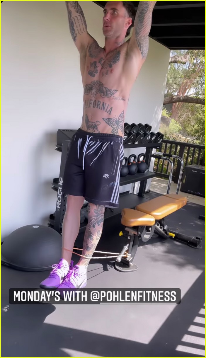Adam Levine's New Leg Tattoo Is On Display in Shirtless Workout Video ...