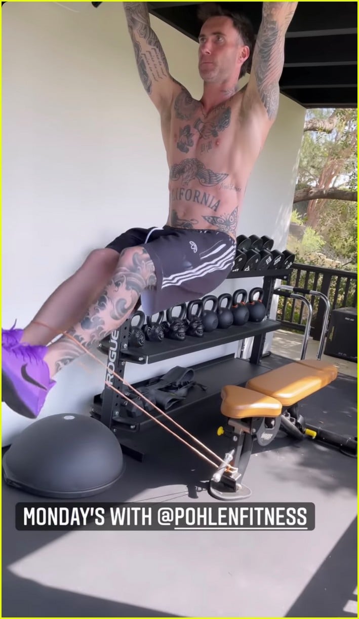 Adam Levine's New Leg Tattoo Is On Display in Shirtless Workout Video ...