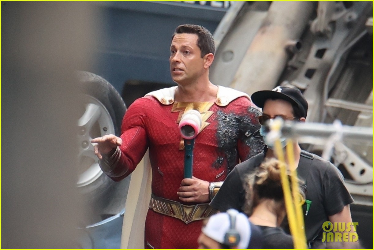 Zachary Levi Films New Action Scenes in a Cinged Suit For 'Shazam! Fury of the Gods!': Photo ...