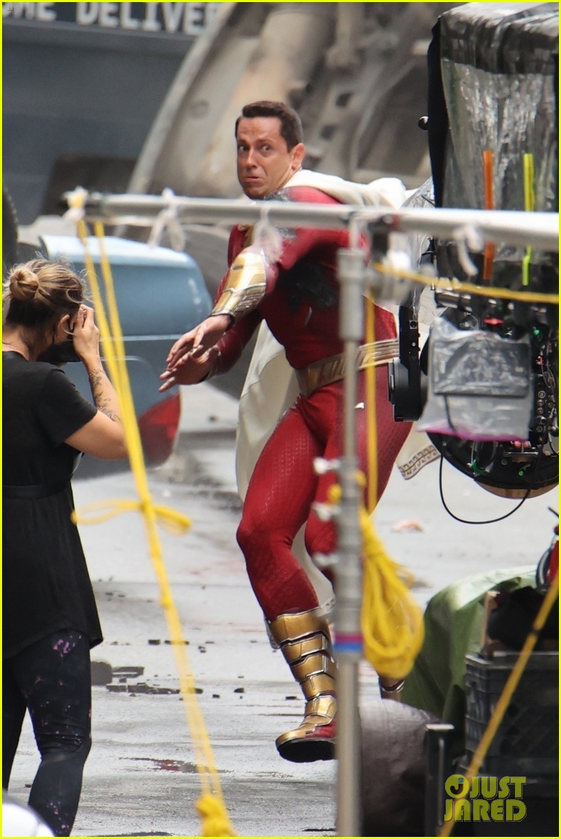 Zachary Levi Films New Action Scenes in a Cinged Suit For 'Shazam! Fury of the Gods!': Photo ...