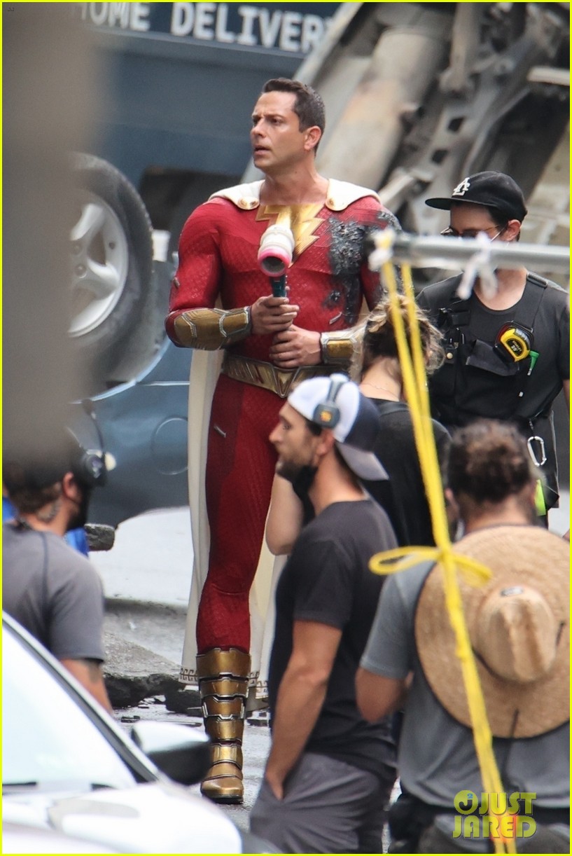 Zachary Levi Films New Action Scenes in a Cinged Suit For 'Shazam! Fury of the Gods!': Photo ...