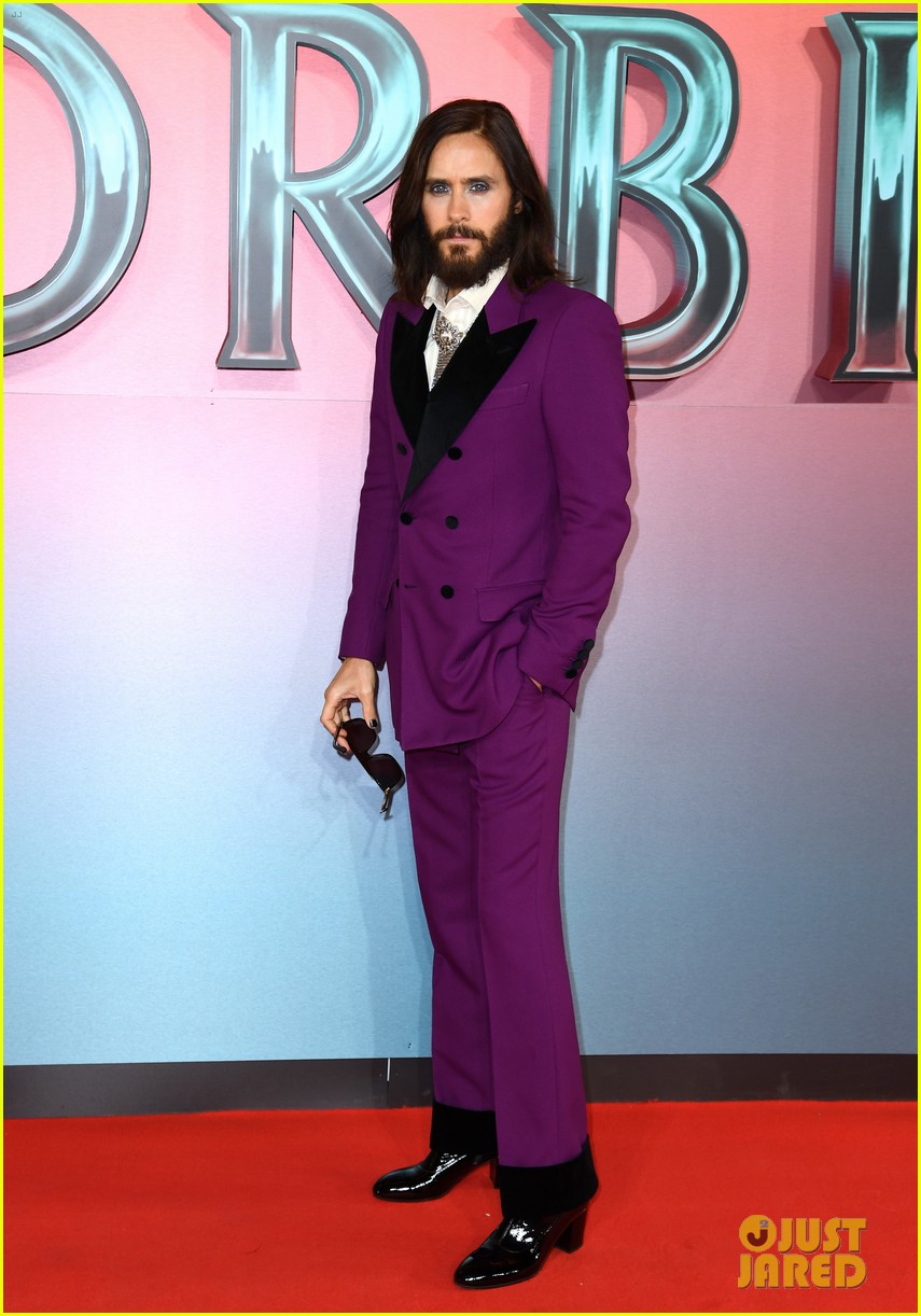 Jared Leto Sports Glittery Blue Eye Makeup & Purple Suit for 'Morbius ...