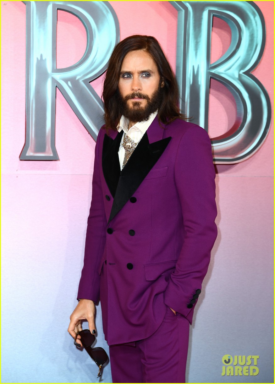 Jared Leto Sports Glittery Blue Eye Makeup & Purple Suit for 'Morbius ...
