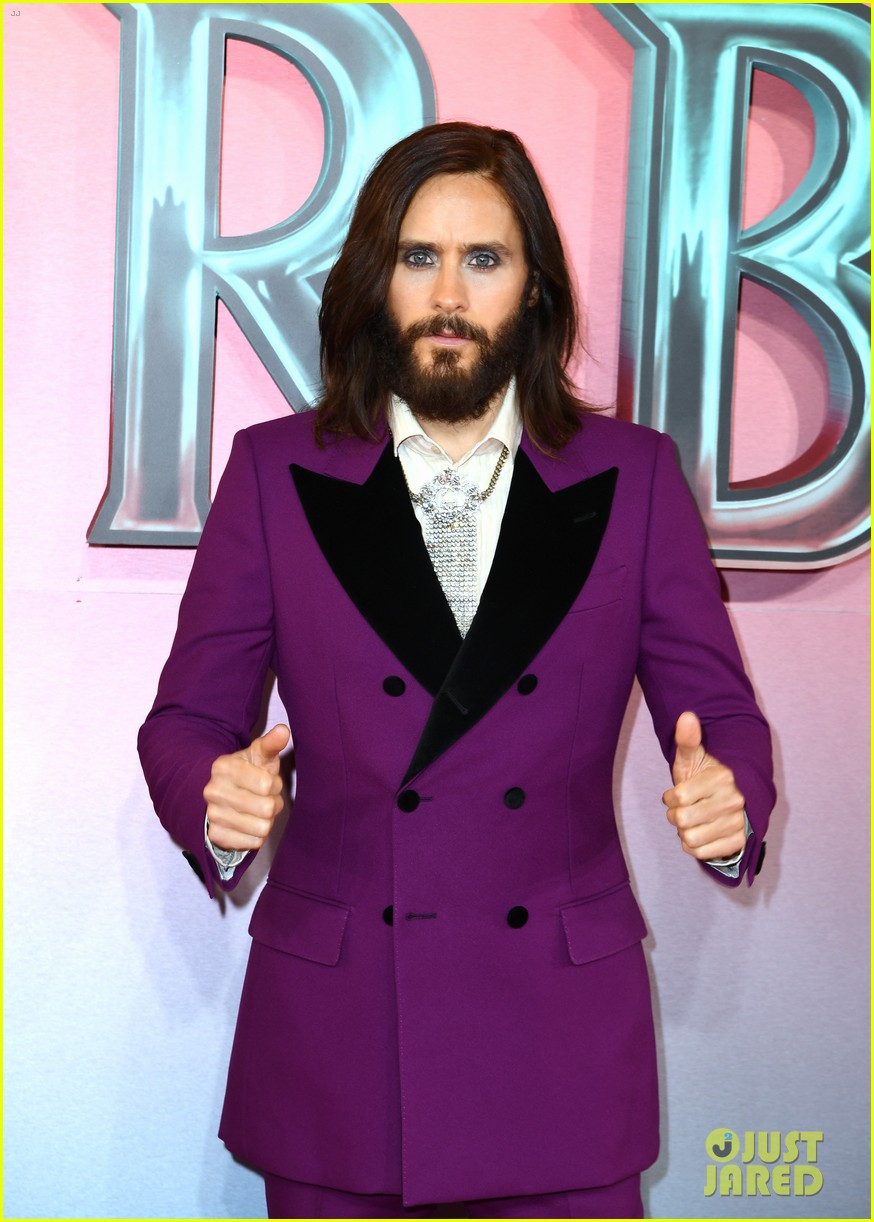 Jared Leto Sports Glittery Blue Eye Makeup & Purple Suit for 'Morbius ...