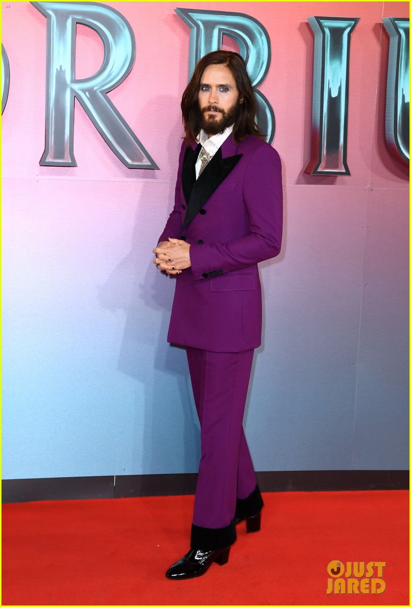 Jared Leto Sports Glittery Blue Eye Makeup & Purple Suit for 'Morbius ...
