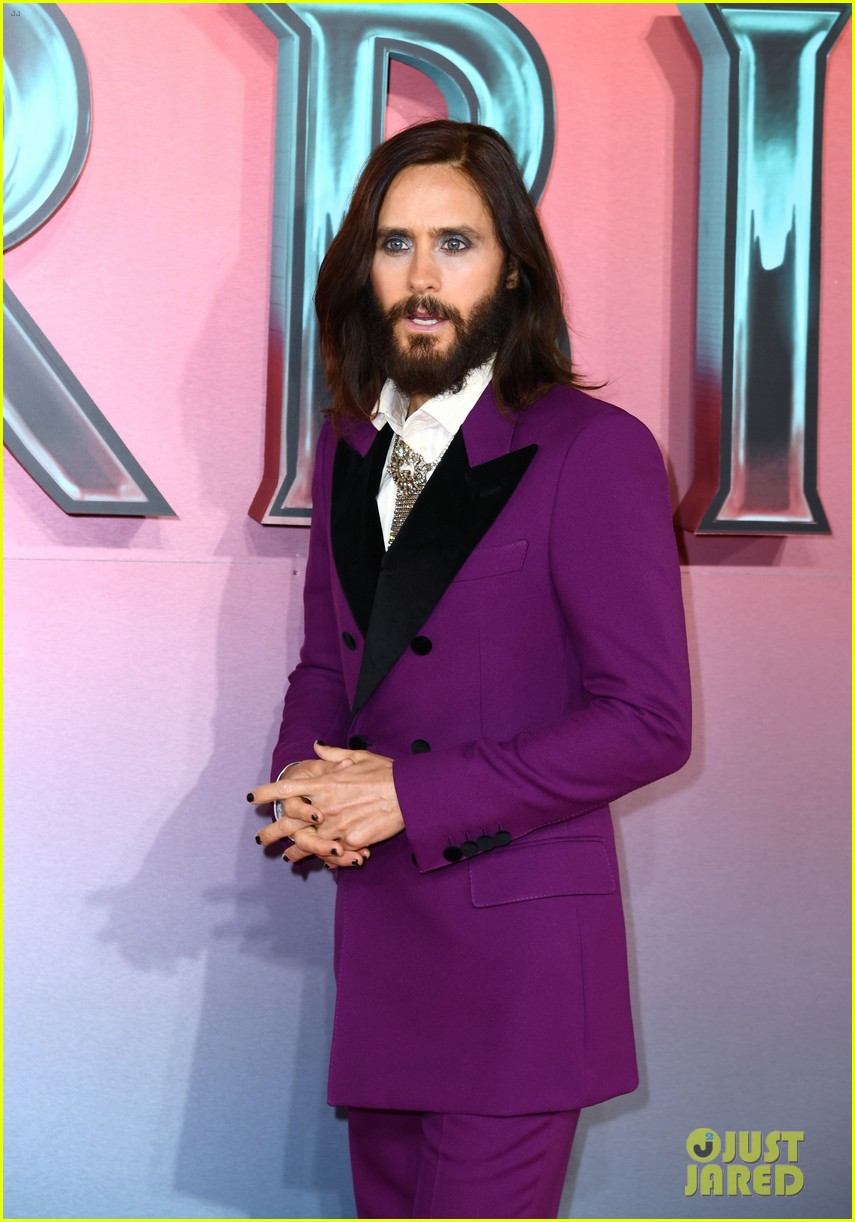 Jared Leto Sports Glittery Blue Eye Makeup & Purple Suit for 'Morbius ...