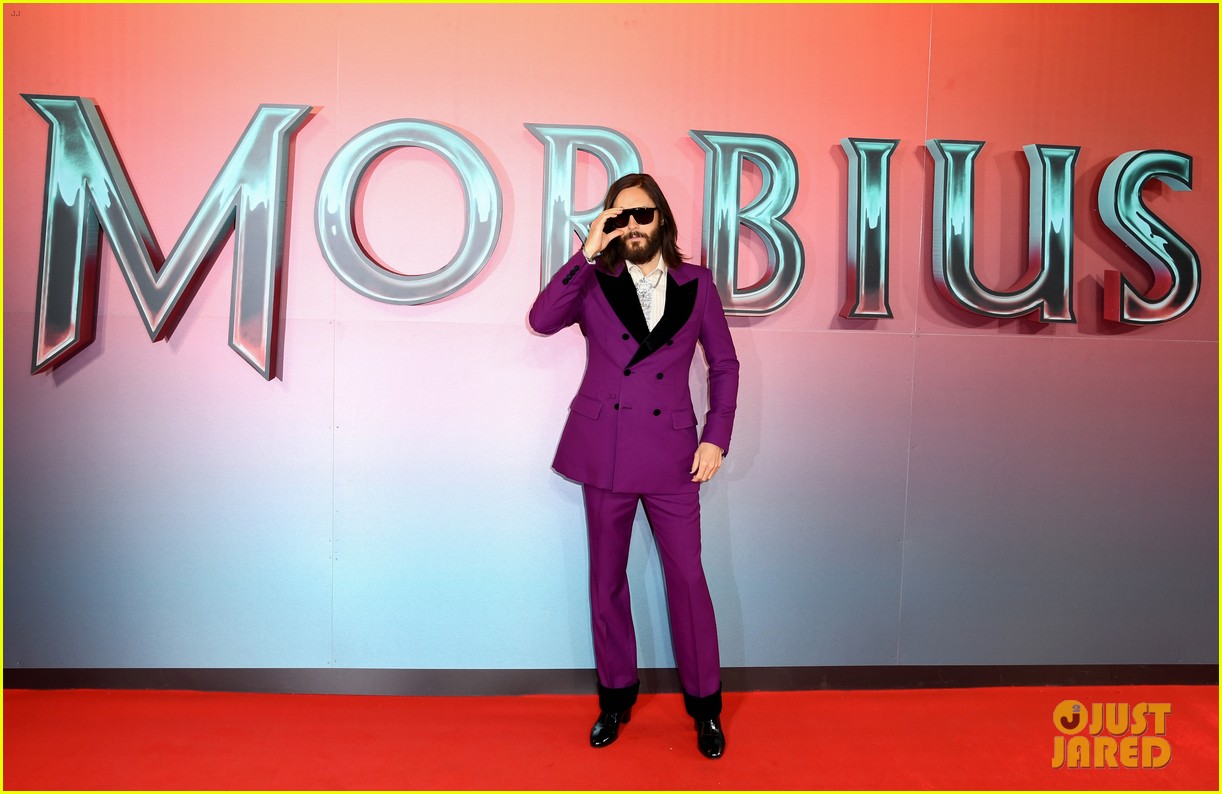 Jared Leto Sports Glittery Blue Eye Makeup & Purple Suit for 'Morbius ...