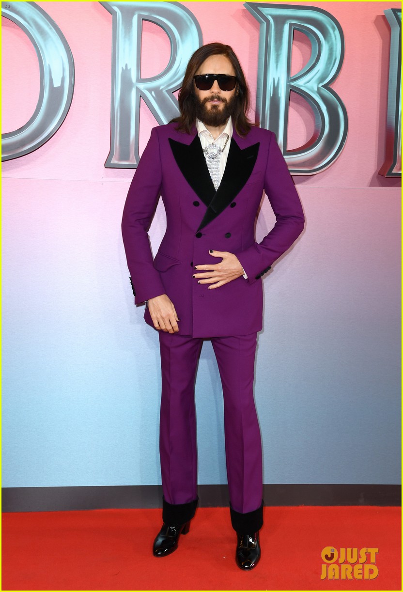 Jared Leto Sports Glittery Blue Eye Makeup & Purple Suit for 'Morbius ...