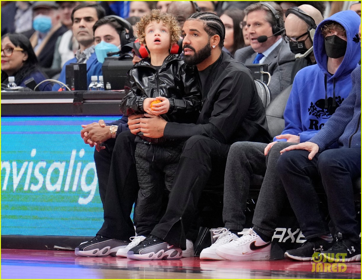 Drake Sits Courtside with Son Adonis at Raptors vs. 76ers Basketball ...