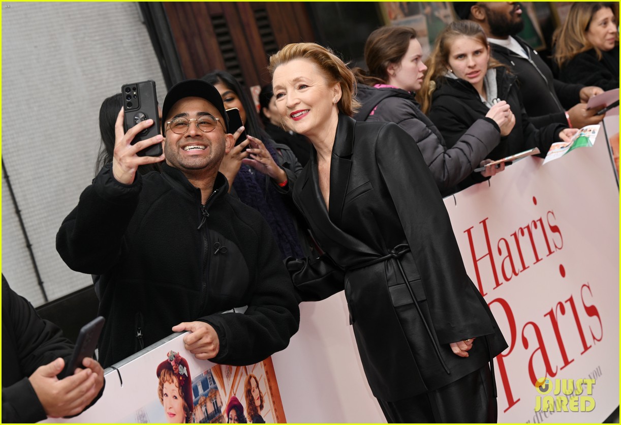 Lesley Manville & Lucas Bravo Share a Hug at 'Mrs. Harris Goes to Paris ...