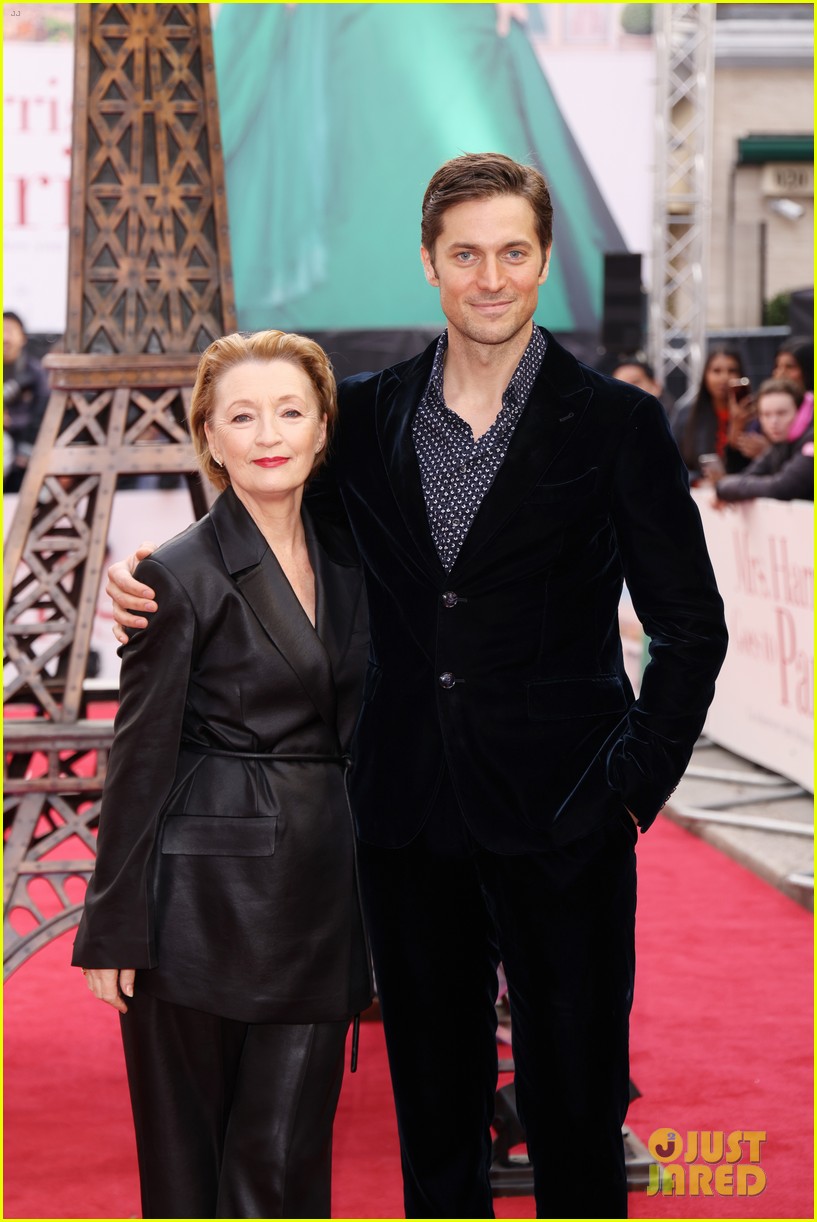 Lesley Manville & Lucas Bravo Share a Hug at 'Mrs. Harris Goes to Paris ...