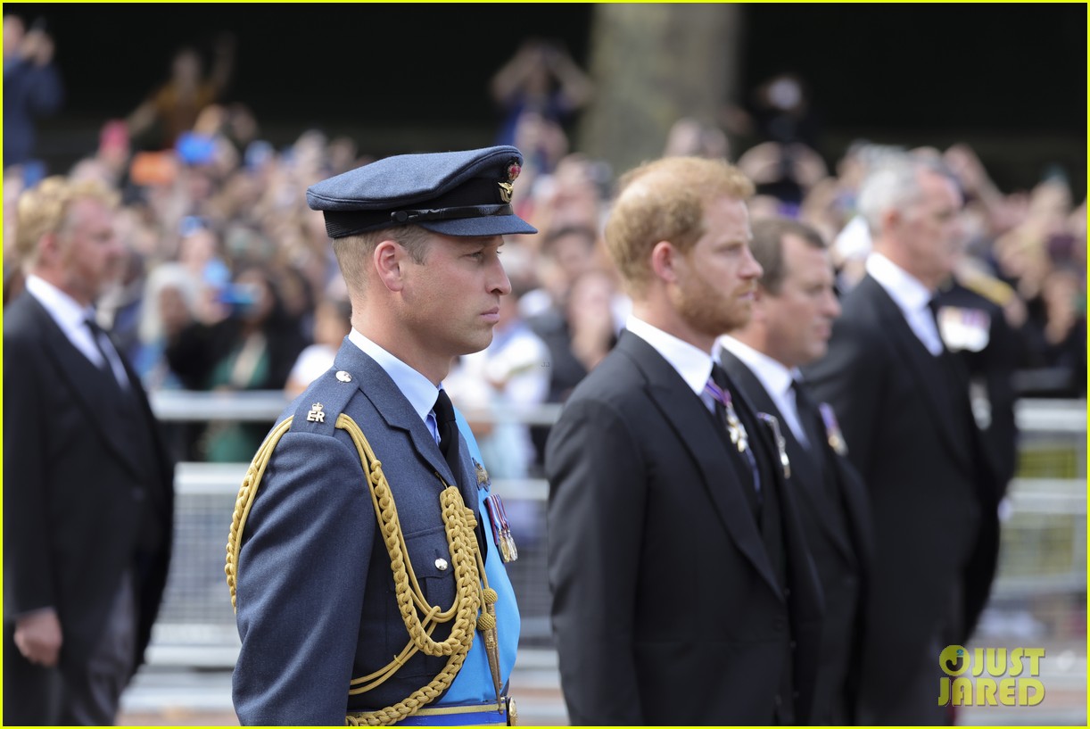 Prince William & Prince Harry Walk Side-By-Side During Procession of Queen Elizabeth's Coffin ...