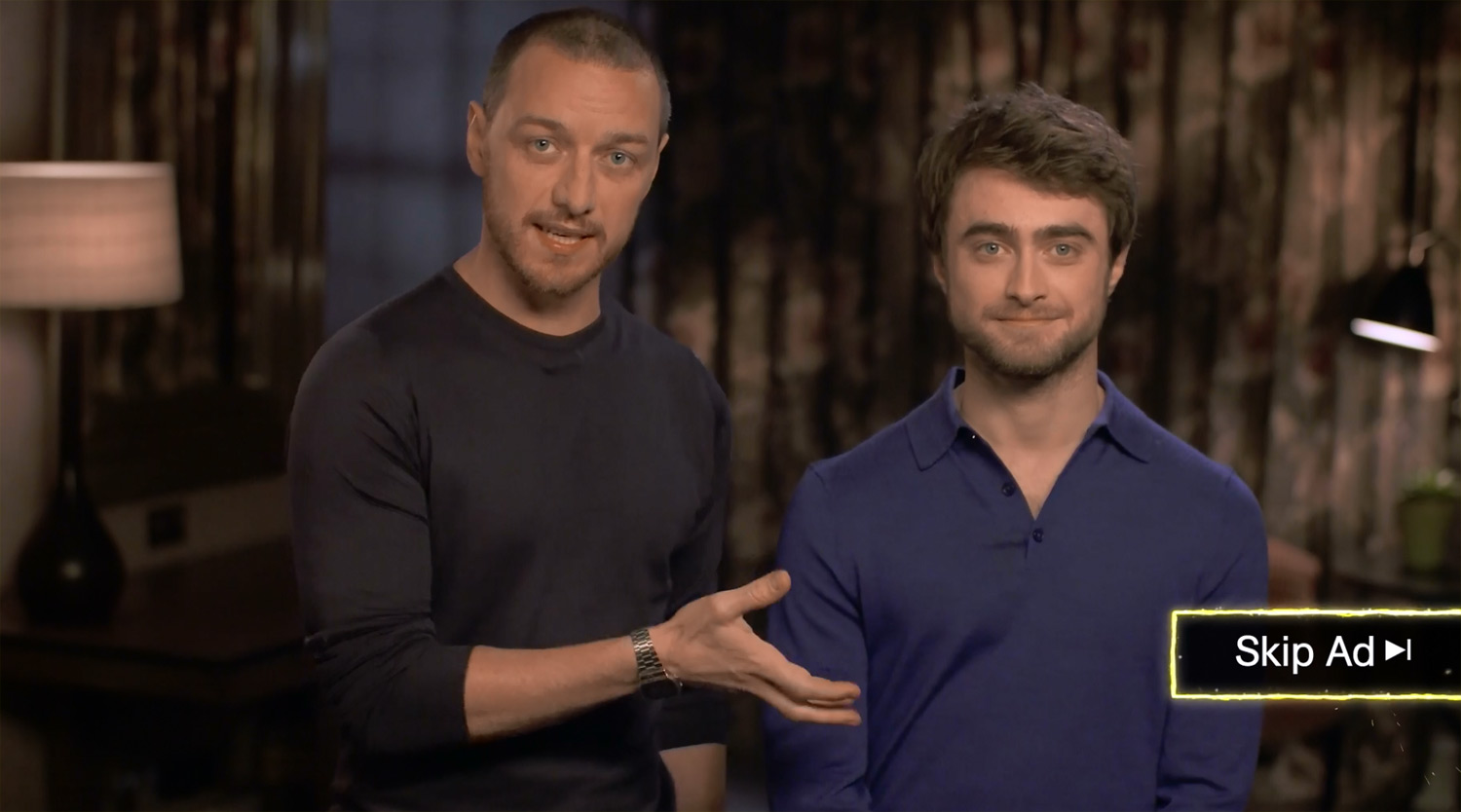 Daniel Radcliffe & James McAvoy Film Funny Skippable Ads for ‘Victor ...