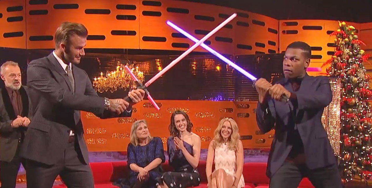 David Beckham Has a Lightsaber Duel with John Boyega! | David Beckham ...
