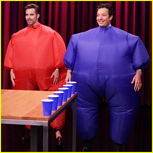 Chris Pine Plays Flip Cup With Jimmy Fallon In Inflatable Fat Suits ...