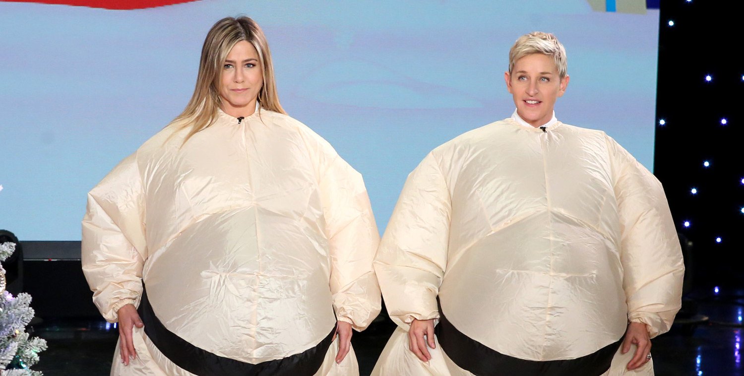 VIDEO Jennifer Aniston Ellen DeGeneres Dance In Sumo Suits For Funny video-jennifer-aniston-ellen-degeneres-dance-in-sumo-suits-for-funny