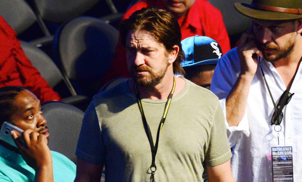 Gerard Butler Says Hello to Chris Hemsworth at Mayweather vs McGregor ...