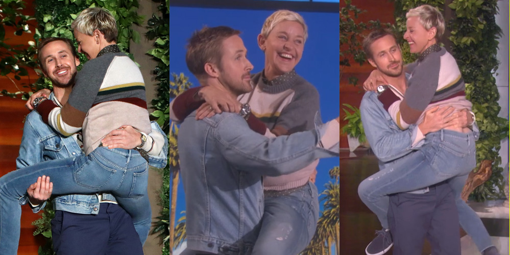Ellen DeGeneres Runs & Jumps Into Ryan Gosling’s Arms – Watch Now ...
