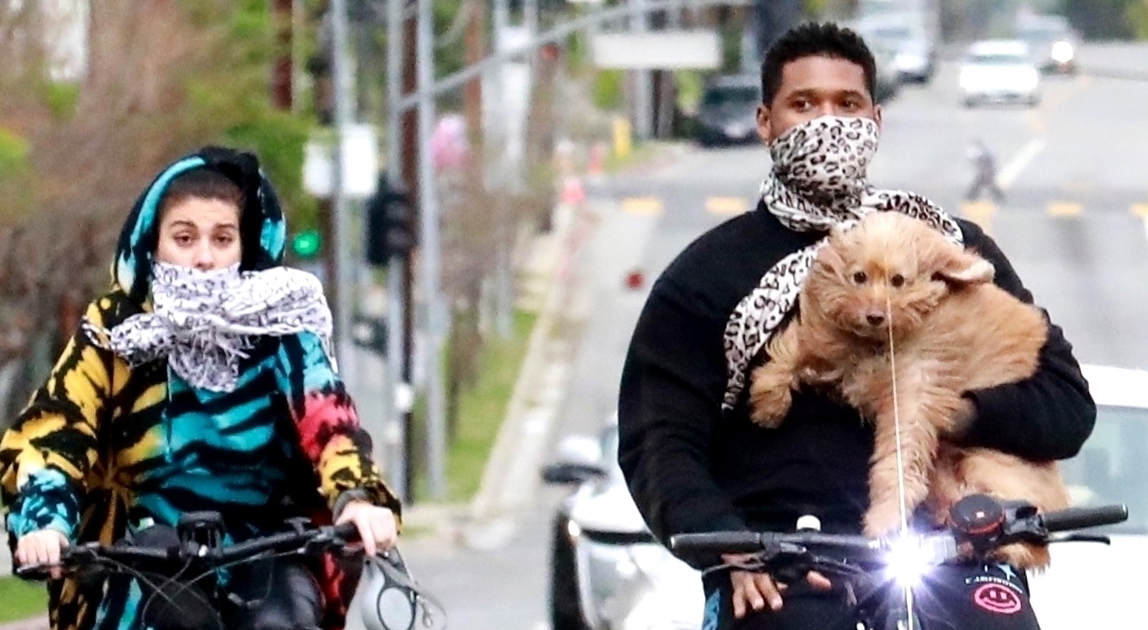 Usher Carries His Dog on Bike Ride with Girlfriend Jennifer Goicoechea ...