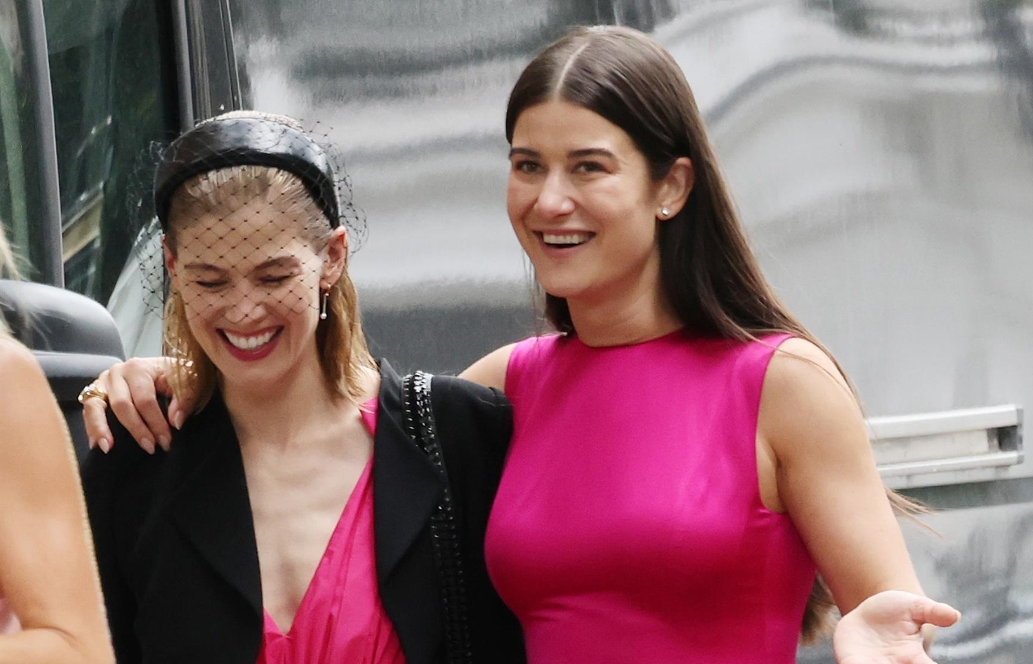 Rosamund Pike Matches the Bride in Pink Gowns at Stepdaughter Olive ...
