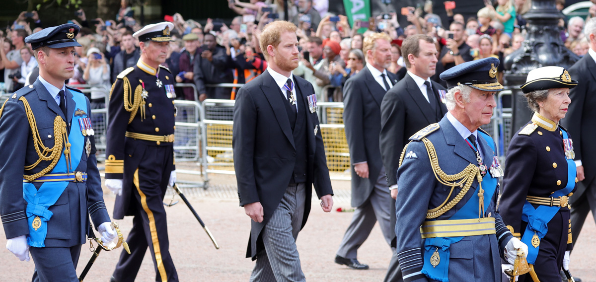 Prince William & Prince Harry Walk Side-By-Side During Procession of Queen Elizabeth’s Coffin ...